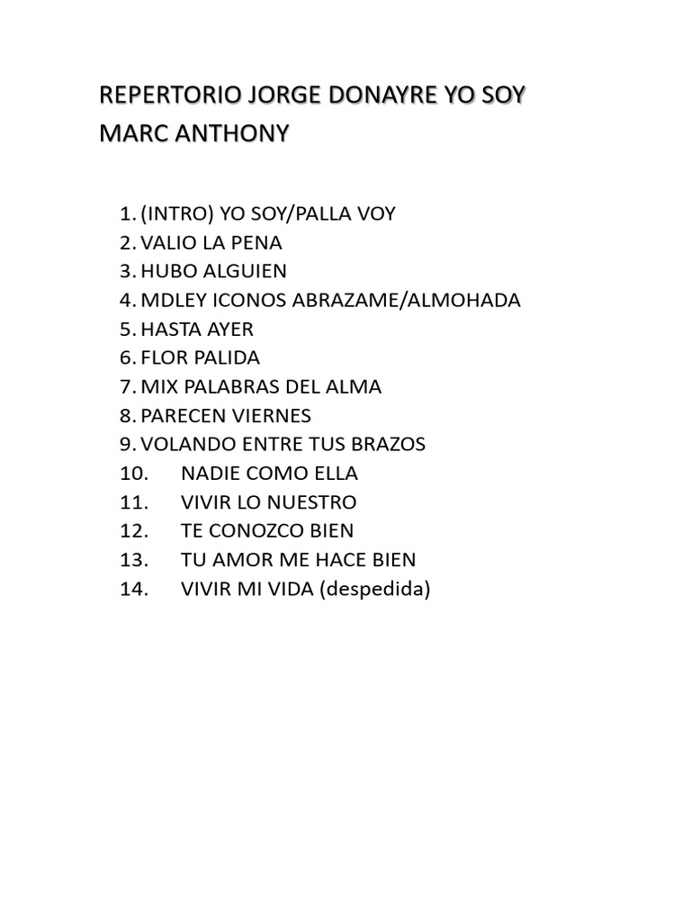 Repertorio Reinado Ilo 2025 JD Yo Soy Marc Anthony | PDF