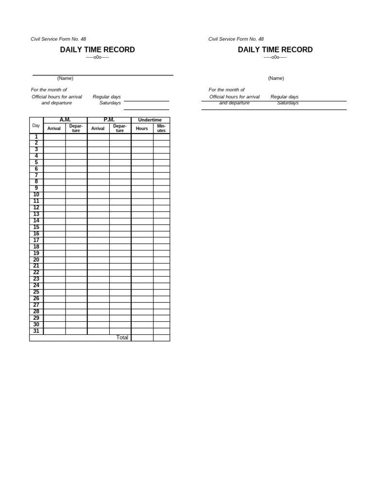 Csc Form No 48 Daily Time Record Dtr | PDF