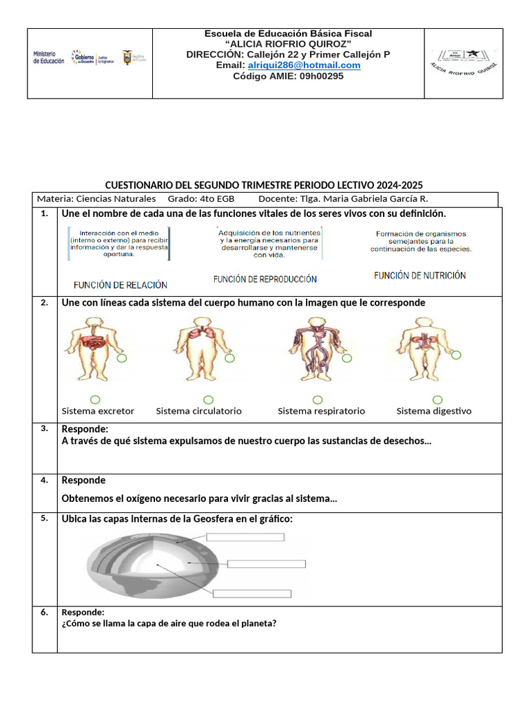 Cuestionario para Examen de CCNN 2do Trimestre 4to Egb Gaby 2024-2025 | PDF | Luna | Tierra