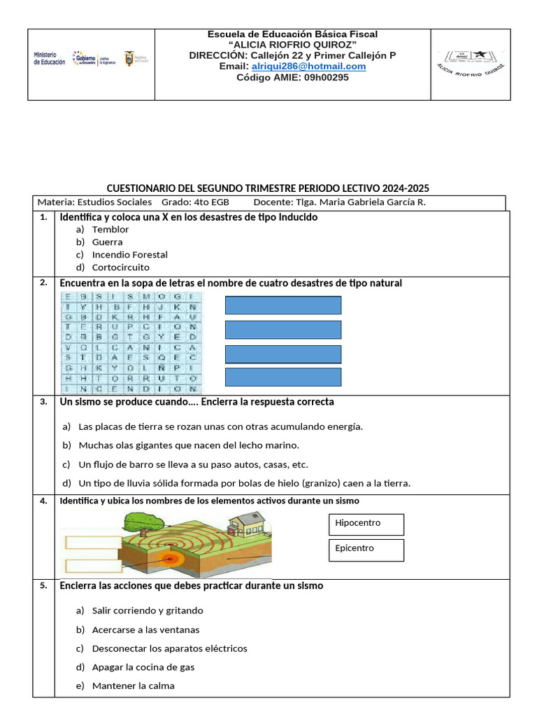 Cuestionario para Examen de Eess 2do Trimestre 4to Egb Gaby 2024-2025 | PDF | Temblores