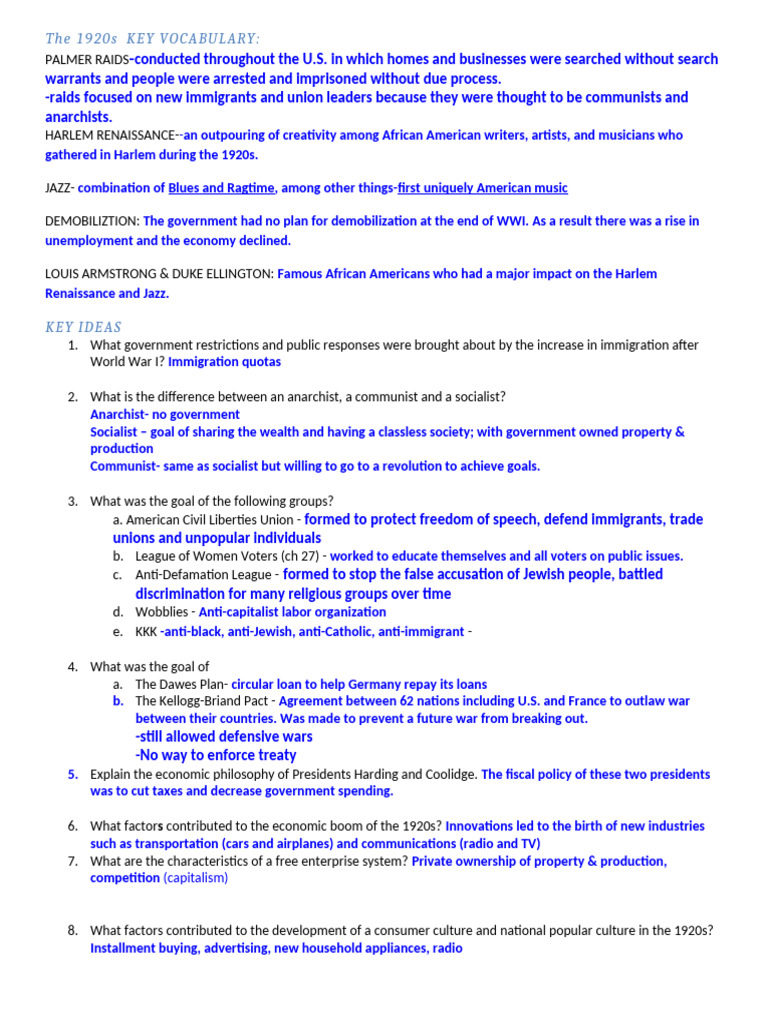 Final Exam Review Sheet ANSWERS 2015for2018 | PDF | New Deal | Great ...