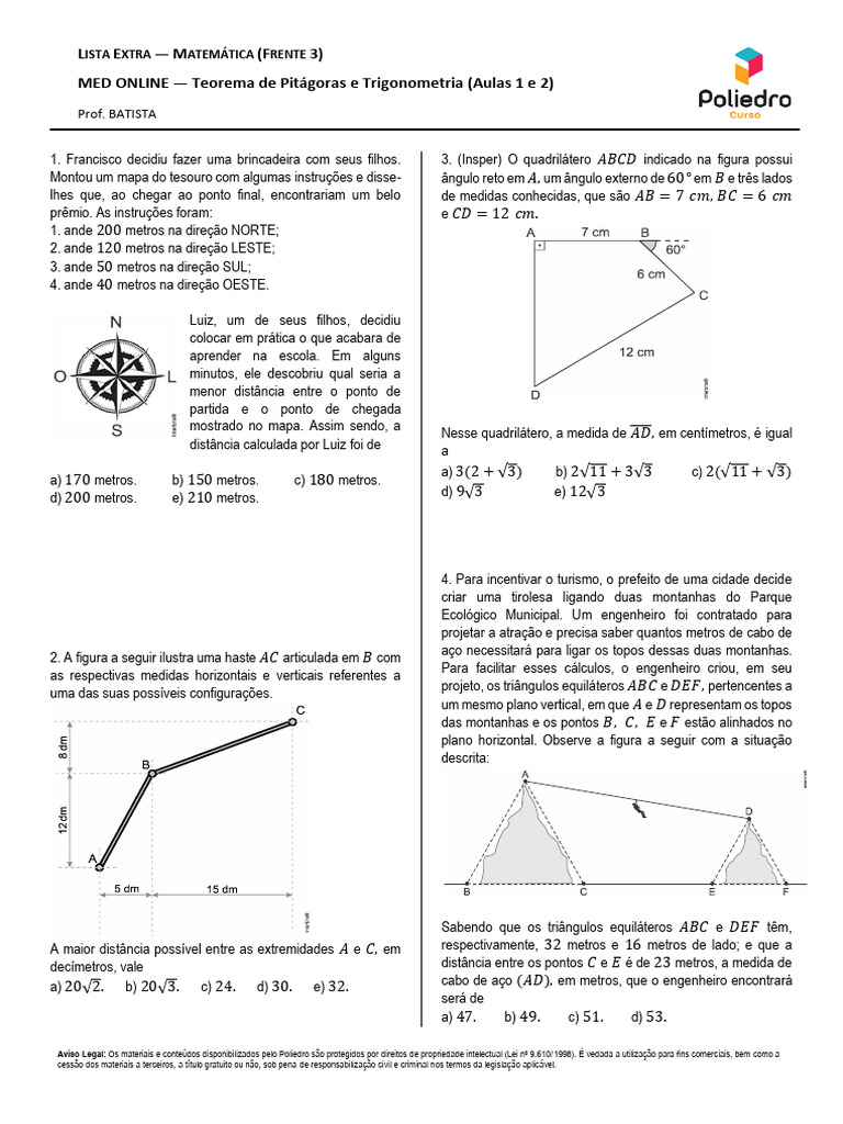 LISTA EXTRA - Aulas 1 e 2 (Pitágoras e Trigonometria) | PDF | Triângulo | Geometria Euclidiana