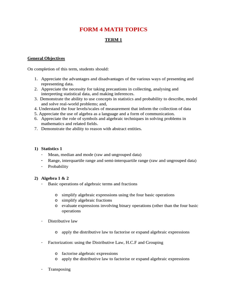 Form 4 Math Term 1 Topics 2024-2025 | PDF | Algebra | Factorization