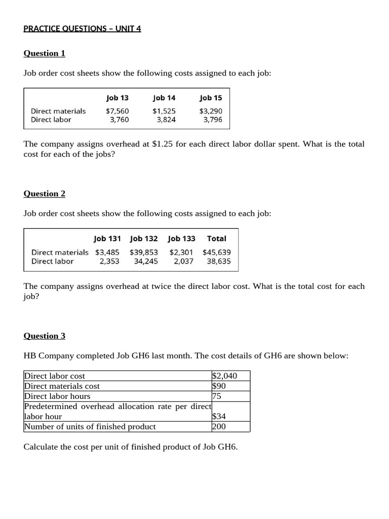 Acct122 - Practice Questions - Unit 4 | PDF | Cost | Business
