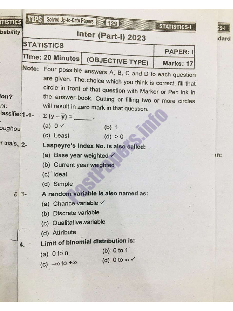 11th Class Statistics Past Paper 2023 Objective | PDF