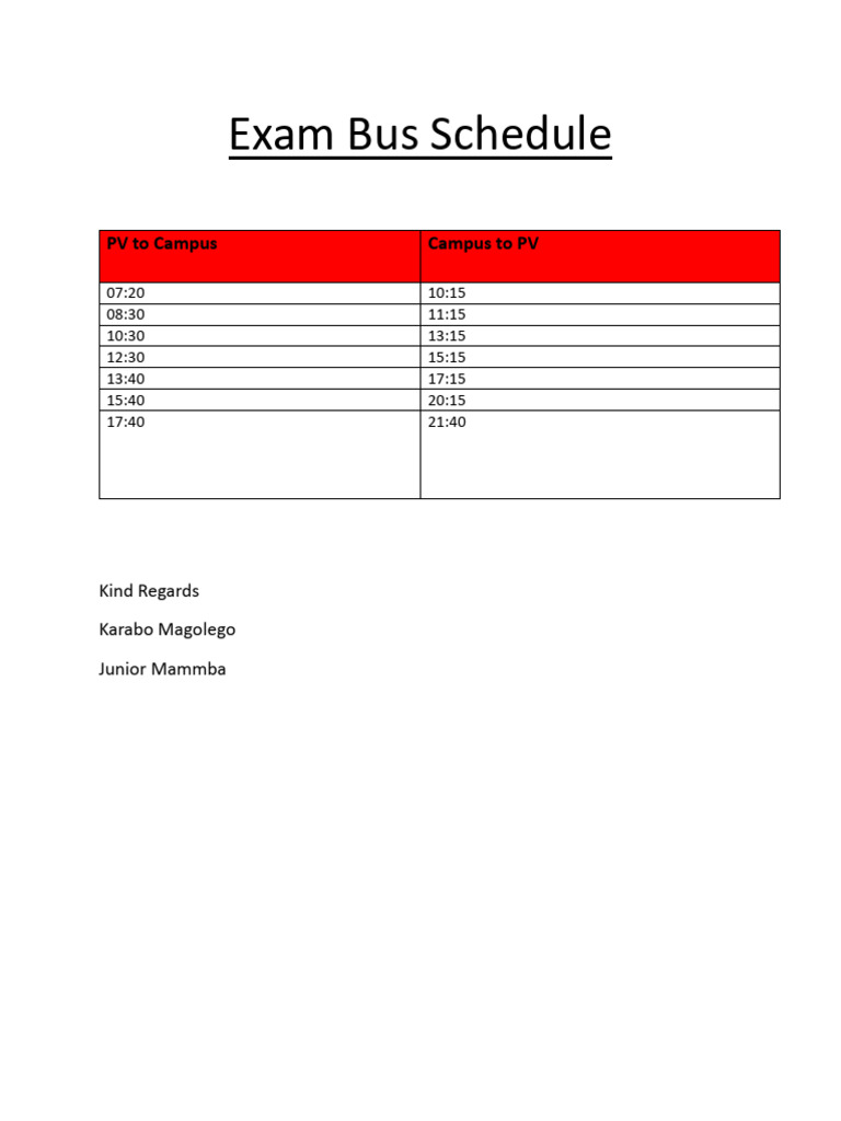 Exam Bus Schedule | PDF