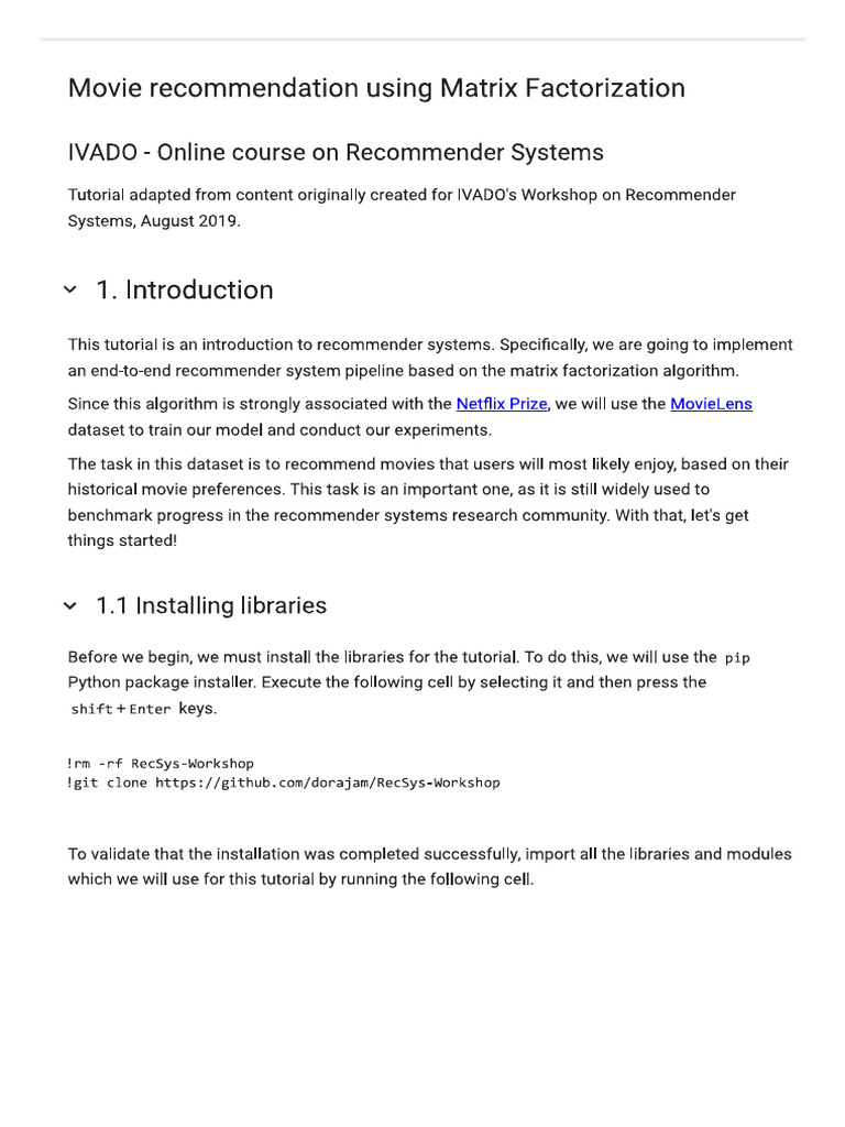 Matrix Factorization Tutorial With Exercises - Colab | PDF