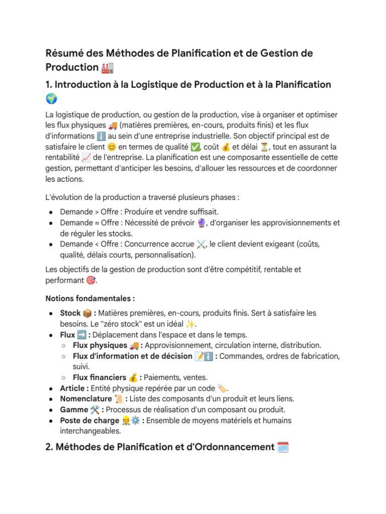 Résumé Des Méthodes de Planification Et de Gestion de Production | PDF ...