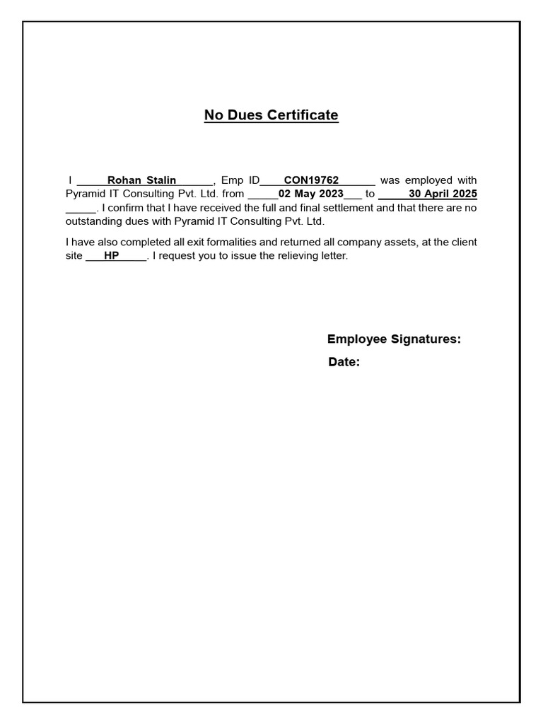 No Dues Certificate for Employee Exit | PDF