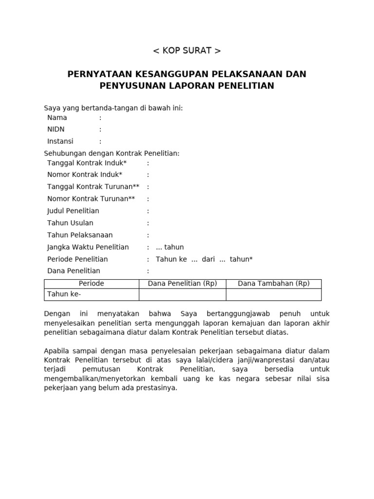 Template Surat Pernyataan Kesanggupan Dan Pakta Integritas Penelitian 2025 (Kosong) | PDF