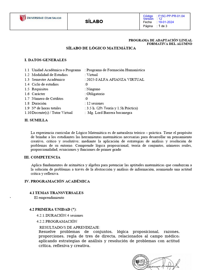 Silabo LM Afianza 12 Semanas Formato 2025-1 - Tagged | PDF | Ecuaciones | Proposición