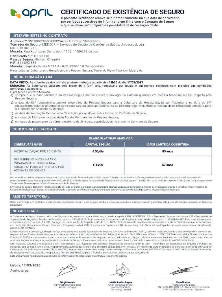 Certificado de Existência de Seguro 10093110 | PDF | Seguro | Medicare (Estados Unidos)