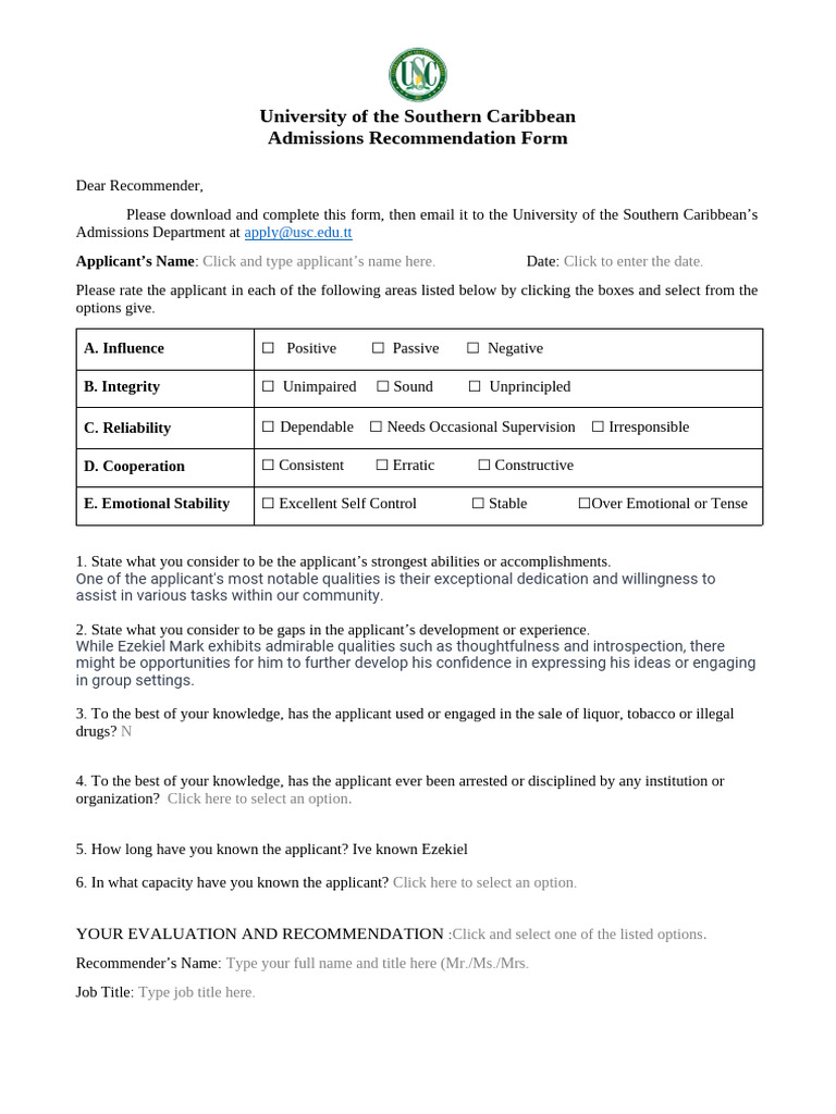 USC Admissions Recommendation Form | PDF