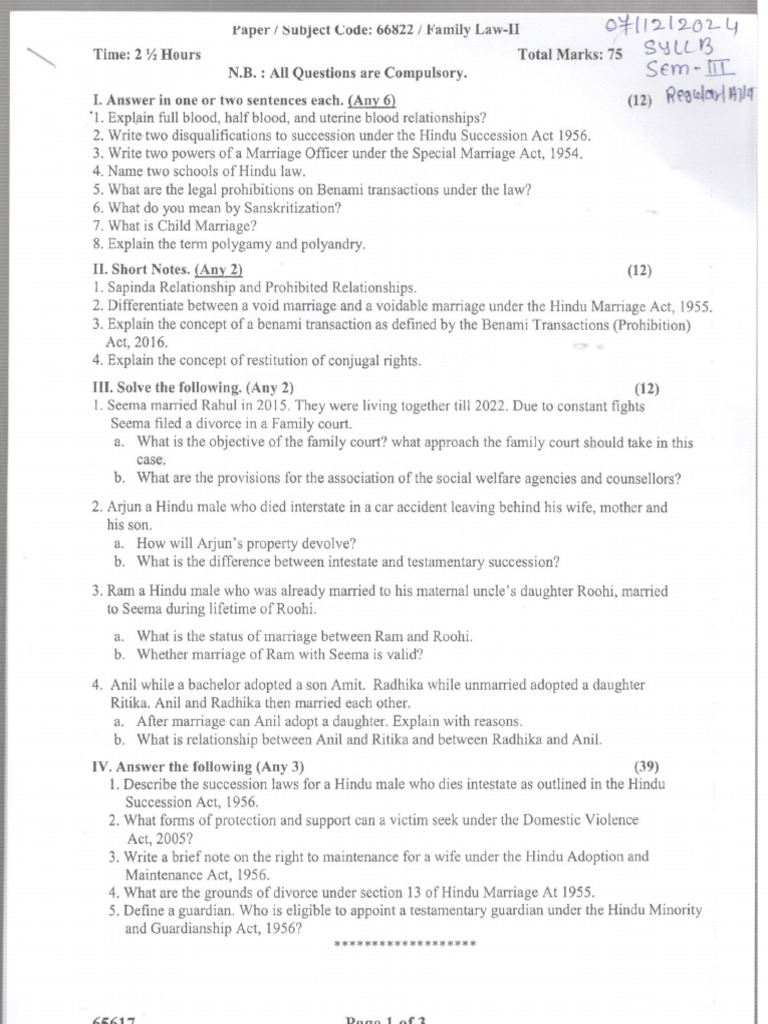 Family Law II Exam Questions and Answers | PDF