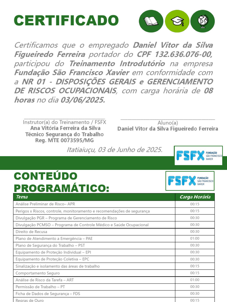 Certificado NR 01 Daniel Vitor | PDF | Segurança