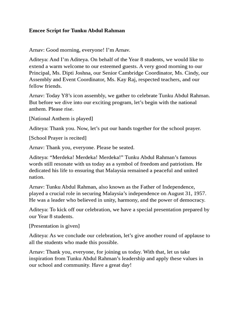 Emcee Script for Tunku Abdul Rahman Assembly | PDF