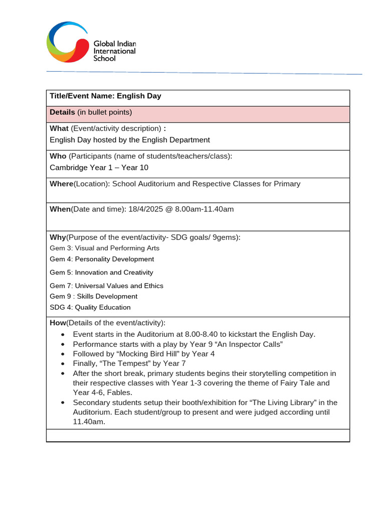 English Day Celebration at School | PDF | Global Politics | Economies