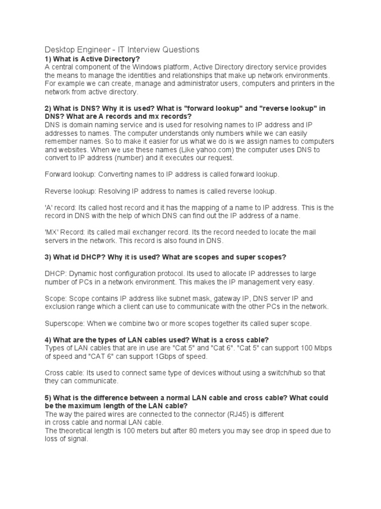 Desktop Engineer - IT Interview Questions | PDF | Ip Address | Domain Name System