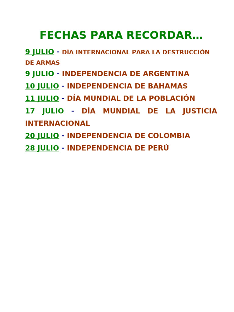 Fechas para Recordar-Cartelera Julio | PDF