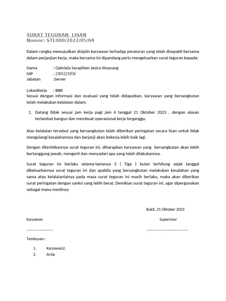 Surat Teguran Lisan Gabriela Seraphien Jesica Wuysang | PDF