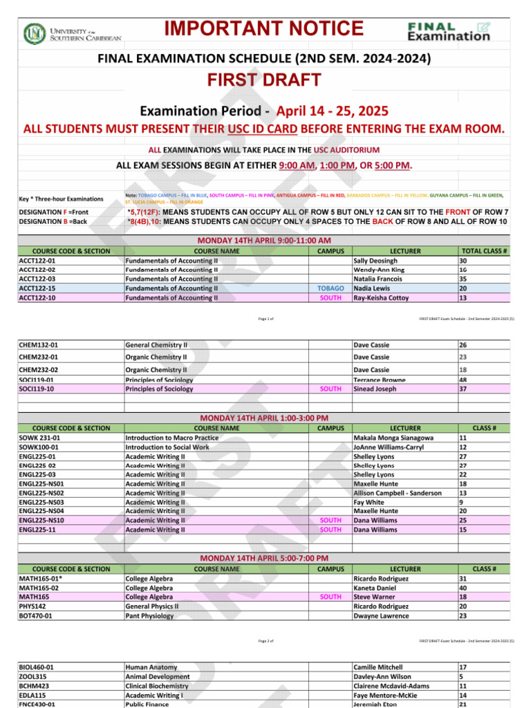 FIRST DRAFT-Exam Schedule - 2nd Semester 2024-2025 | PDF