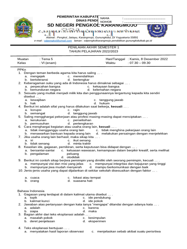 Soal Pas Tema 5 Kelas 6 | PDF