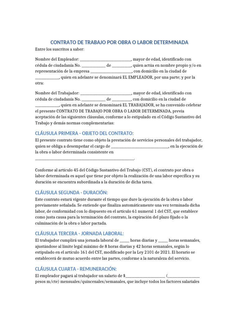 Contrato Obra Labor Colombia Extendido | PDF | Derecho laboral | Salario