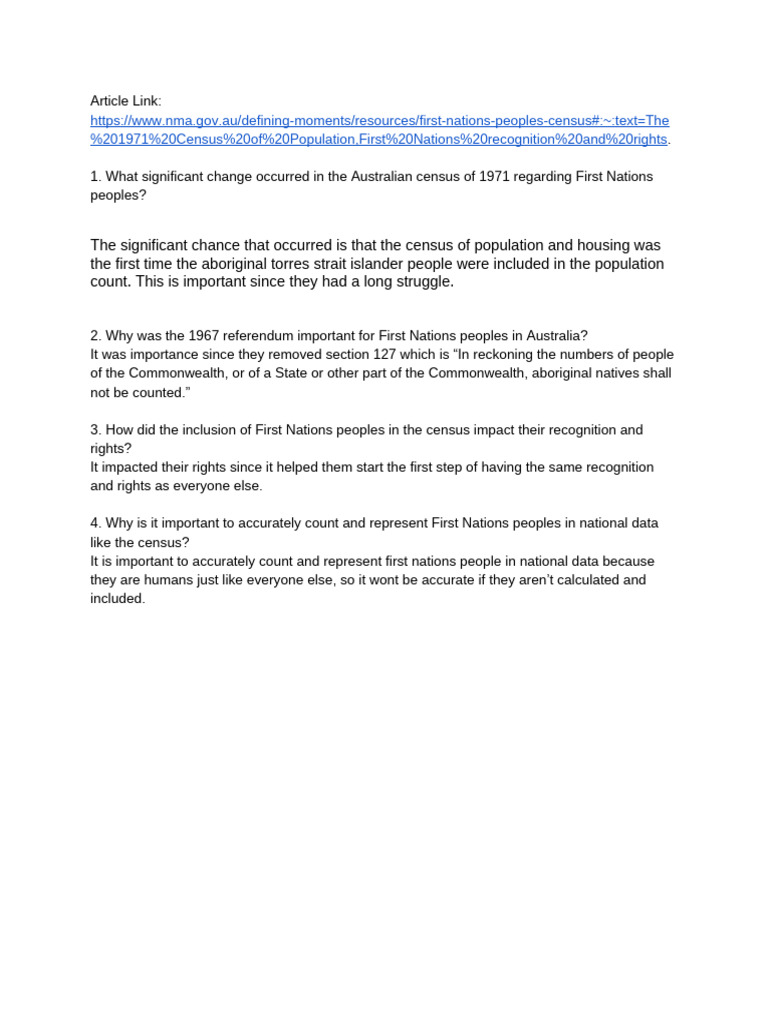 First Nations Peoples Counted in Census Worksheet | PDF