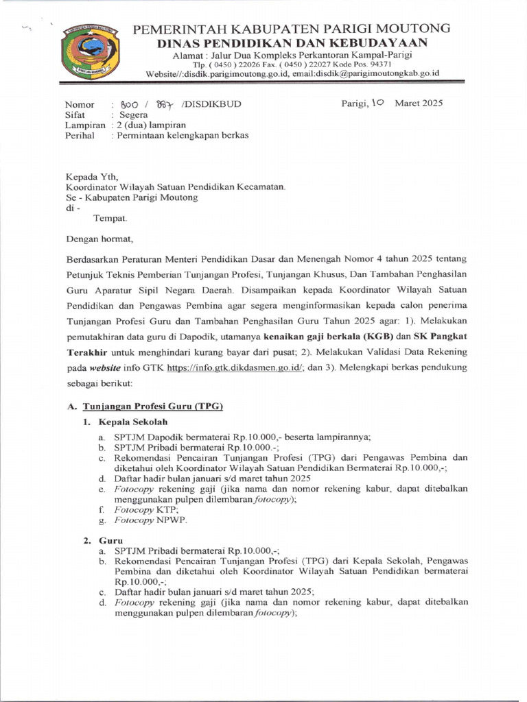 Surat Pemberkasan, TPG Dan Tamsil TW 1 Tahun 2025-1 | PDF