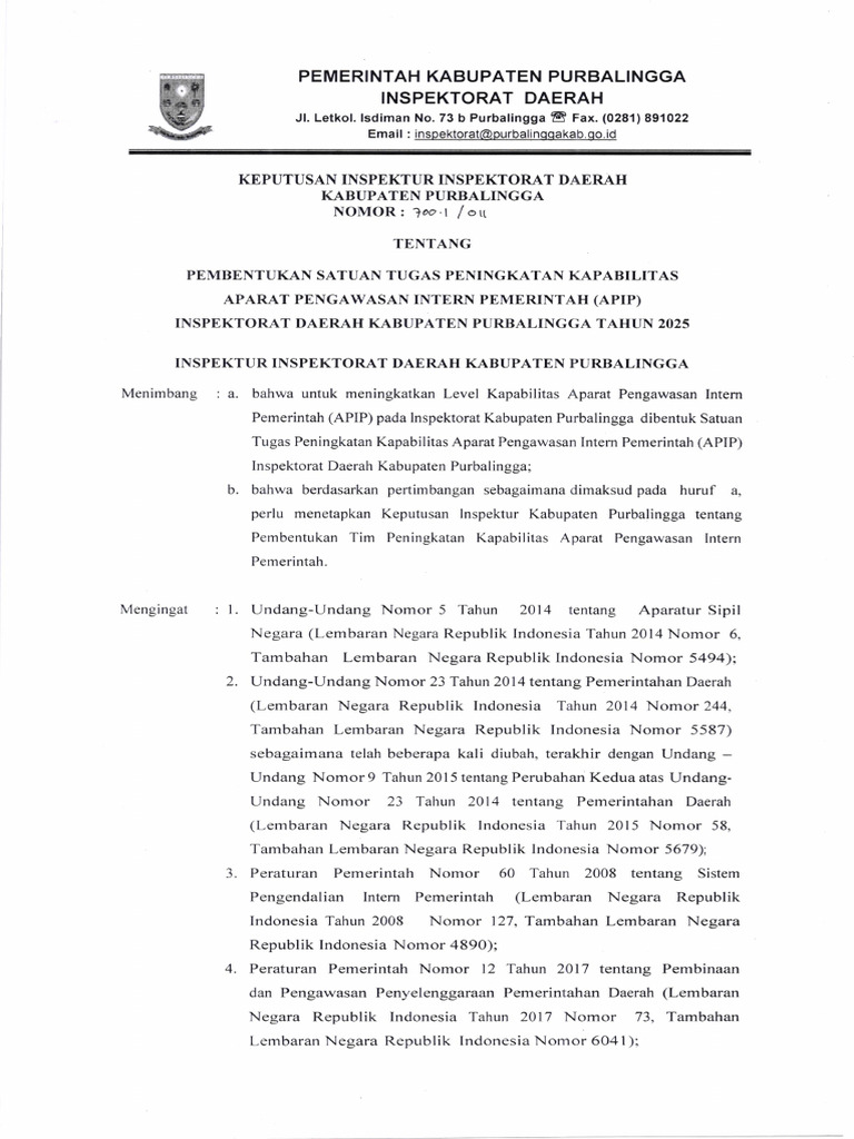 SK Inspektur No. 700.1 011 Tentang Pembentukan Satgas Peningkatan Kapabilitas APIP Inspektorat ...