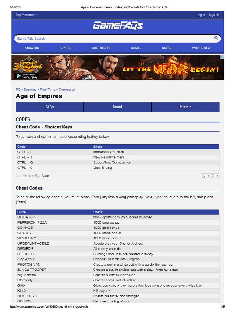 Age of Empires Cheat Codes Guide | PDF