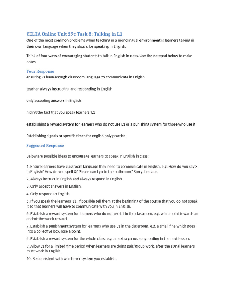 CELTA Online Unit 29c Task 8 - Talking in L1 | PDF