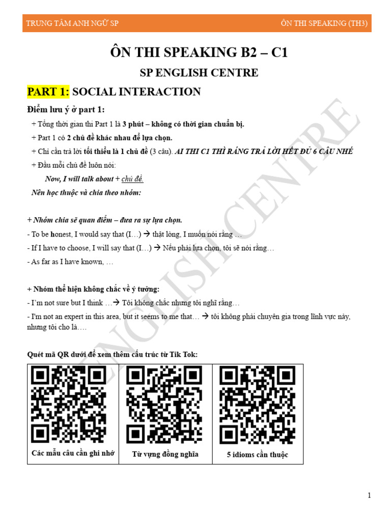 b2 c1 - Ôn Tập Tổng Hợp Speaking Vstep Part 1 | PDF