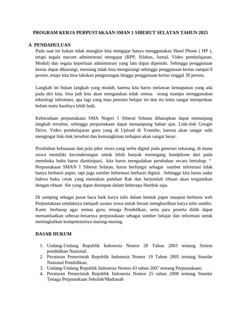 Program Kerja Perpustakaan Sman 1 Siberut Selatan Tahun 2025 | PDF