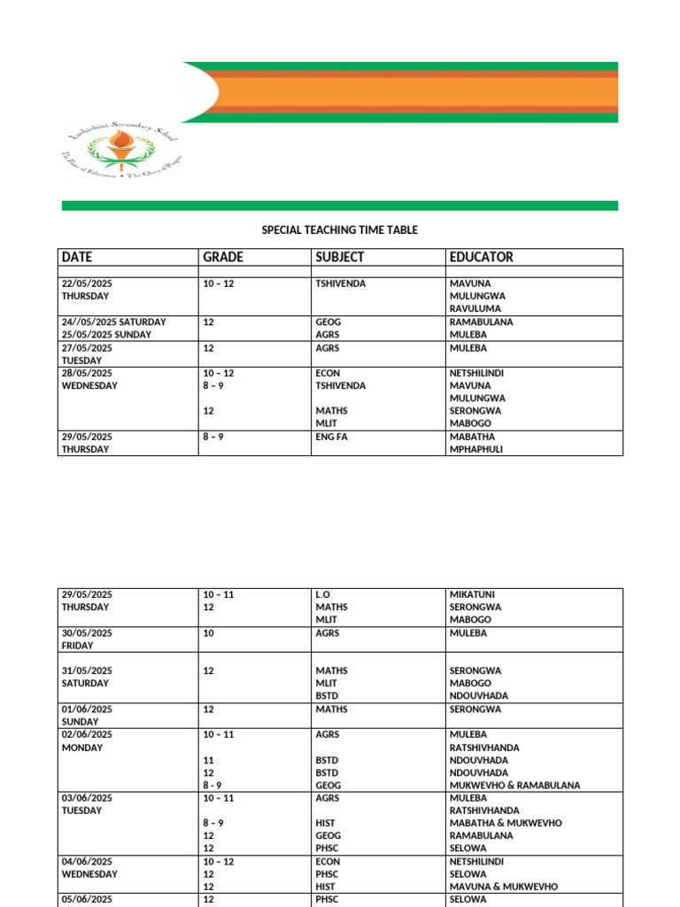 Special Teaching Time Table | PDF