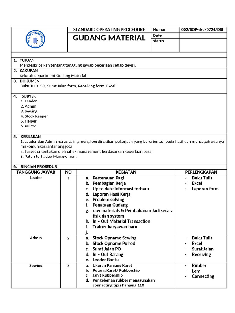 Prosedur Operasional Gudang Material | PDF