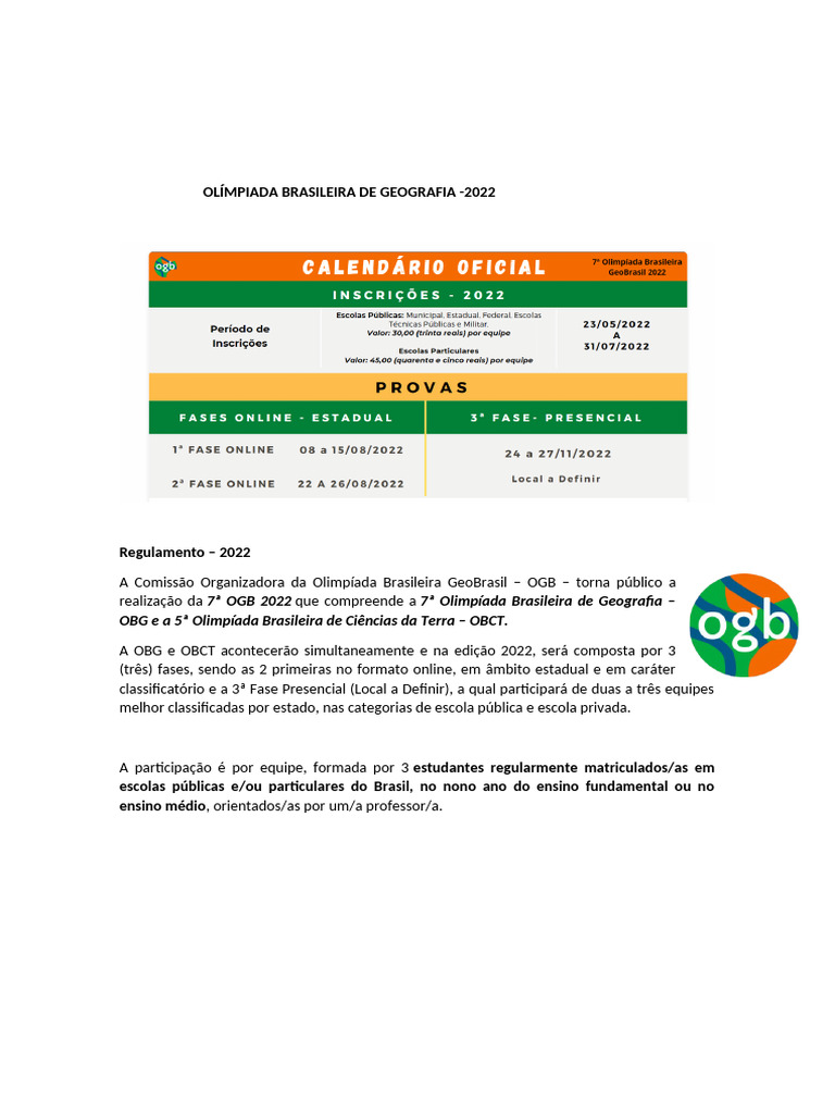 Regulamento da OBG 2022 | PDF