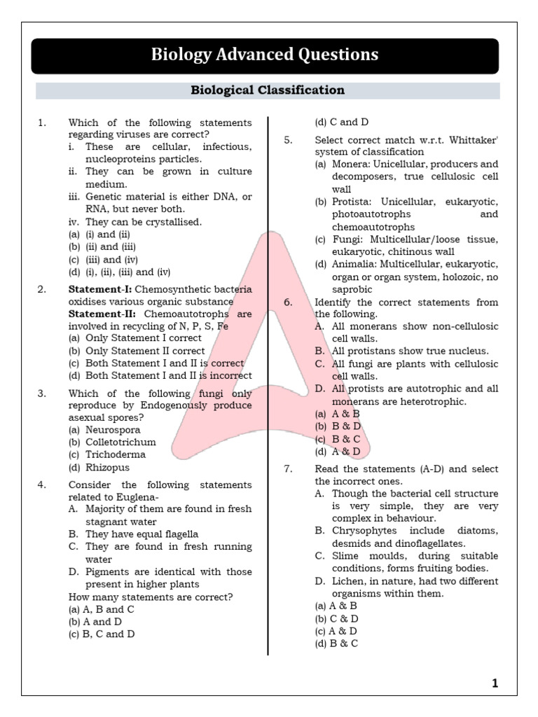 Biology Advanced Question - Biological Classification | PDF | Fungus ...