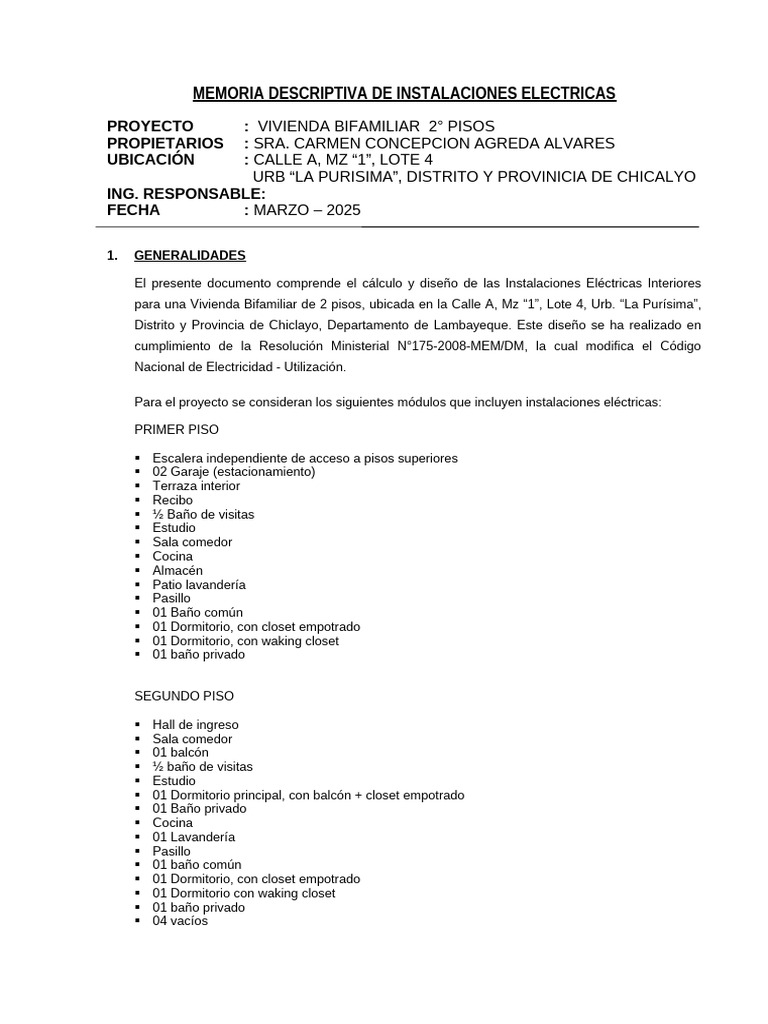 Memoria Descriptiva de Instalaciones Electricas (Revisado y Modificado Marzo 2025) | PDF ...