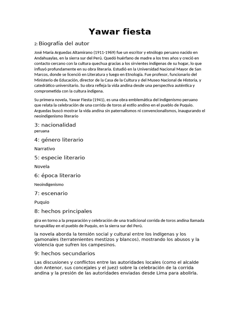 resumen de yawar fiesta | PDF