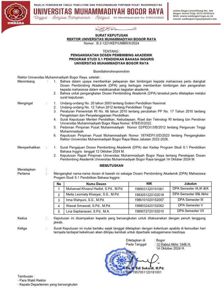 Din-Sk Dosen Pembimbing Akademik (Dpa) Pbi Okt 2024 | PDF