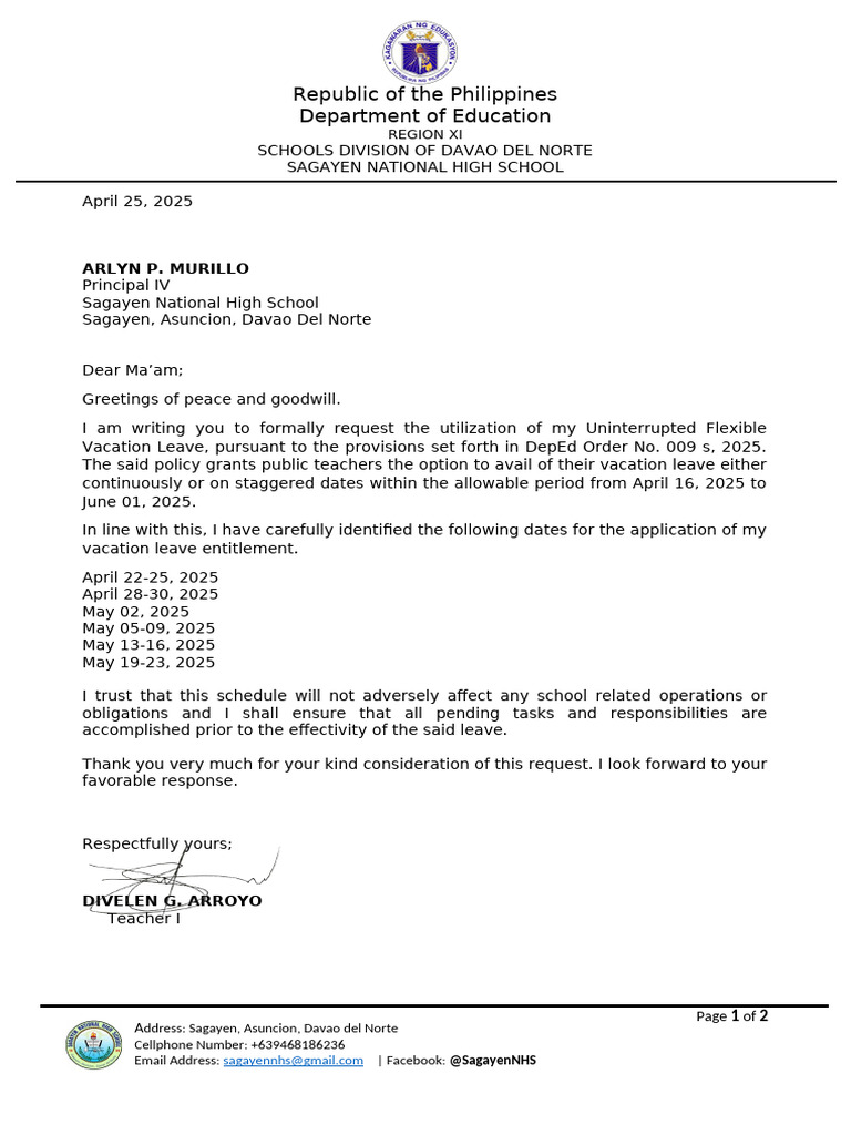 Intent Letter For Uninterrupted Vacation LeavE Divelen | PDF