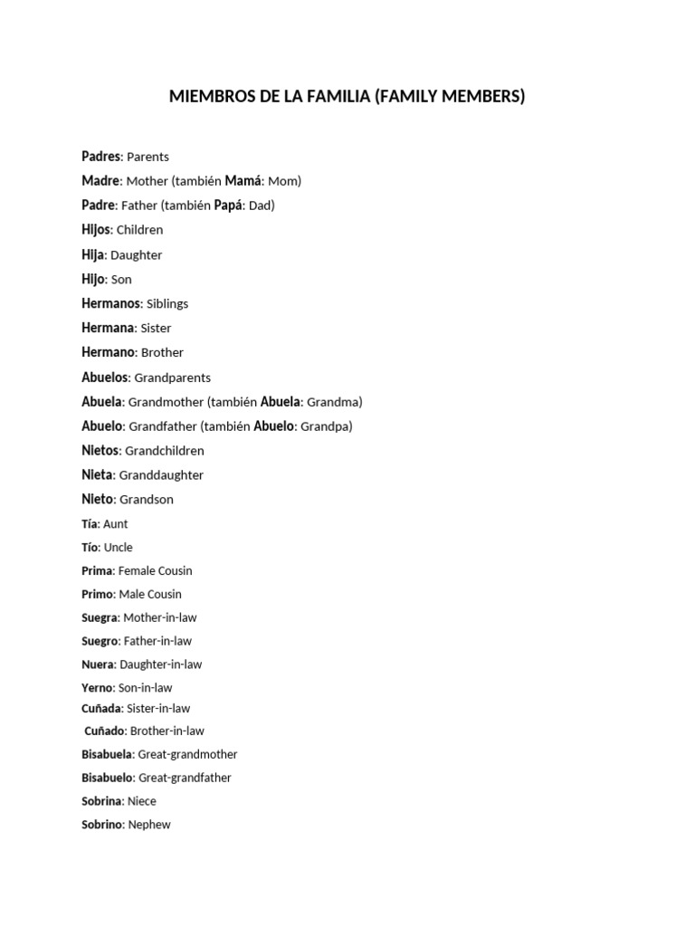 Vocabulario de Miembros de la Familia | PDF