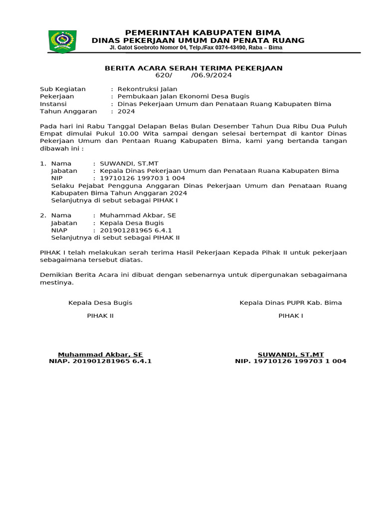 Berita Acara Serah Terima Pekerjaan | PDF