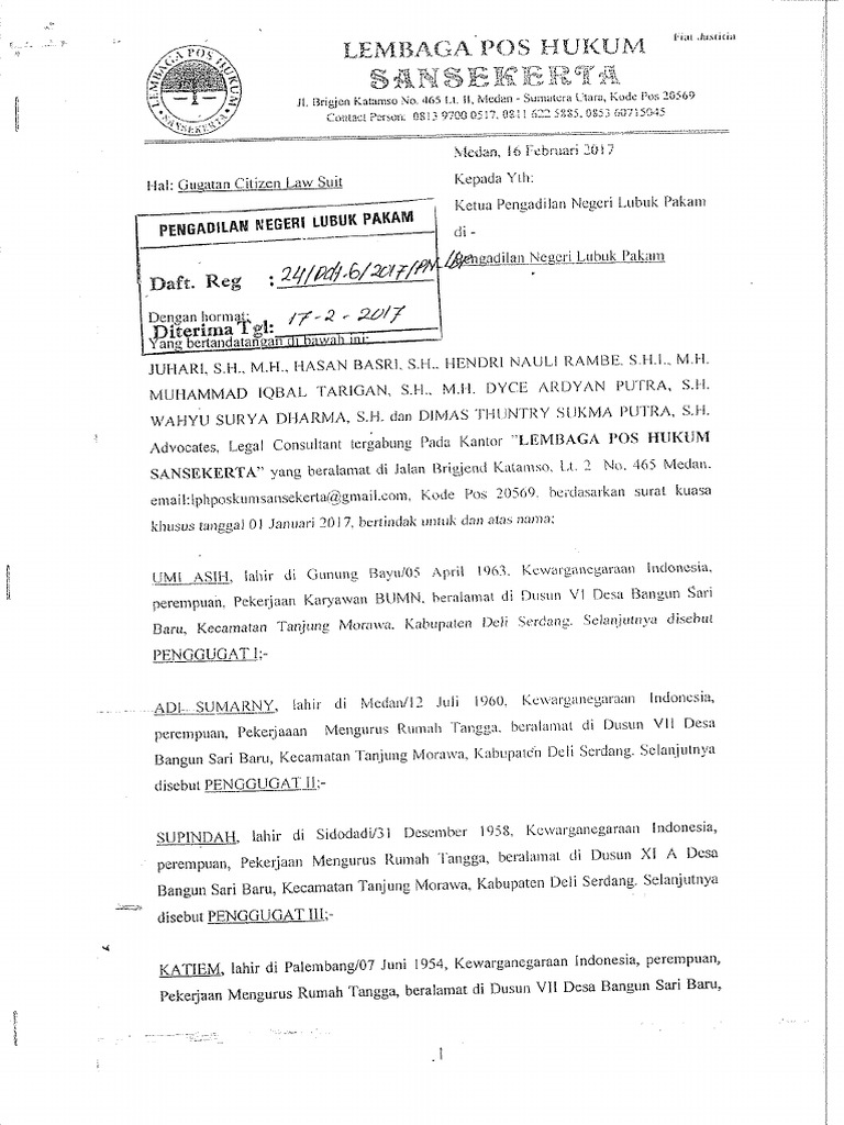Gugatan Perkara Perdata Nomor 24 PN Lubuk Pakam (Gugatan Citizen Law ...