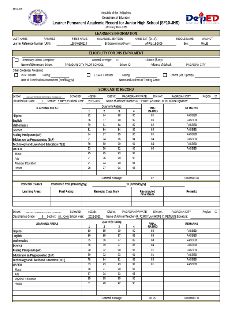 g9 Form 137 Ramirez Ymmanuel Jentzen | PDF