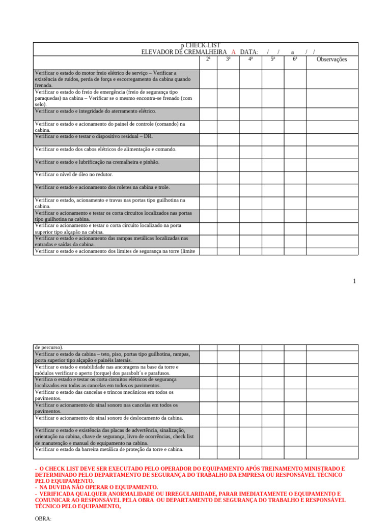 Check-list de Manutenção Elevador Cremalheira | PDF