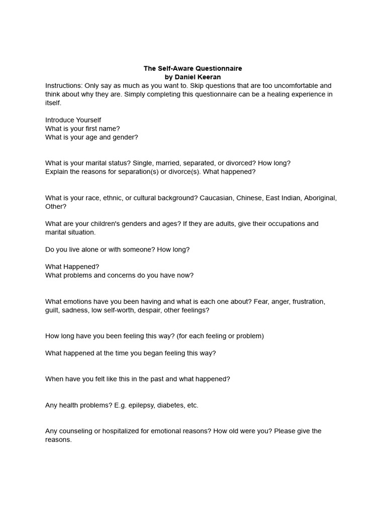 Daniel Keenan Questionnaire (Raw Template) PDF | PDF | Sexual Orientation | Feeling