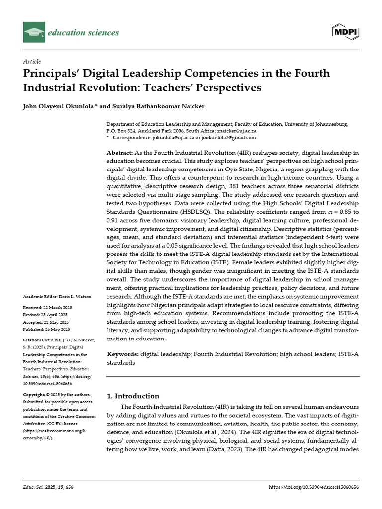 Principals' Digital Leadership Competencies in The Fourth Industrial Revolution - Teachers ...