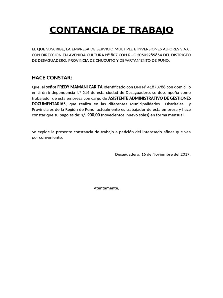 Contancia de Trabajo | PDF